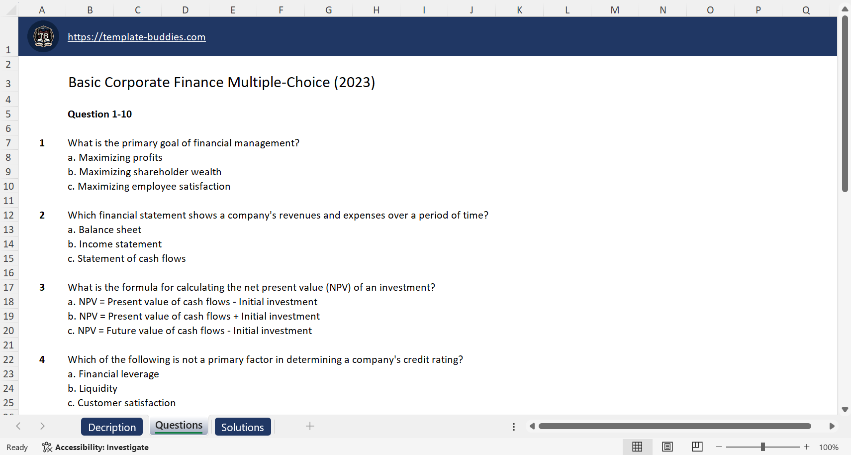 Basic Corporate Finance Multiple-Choice – Template Buddies