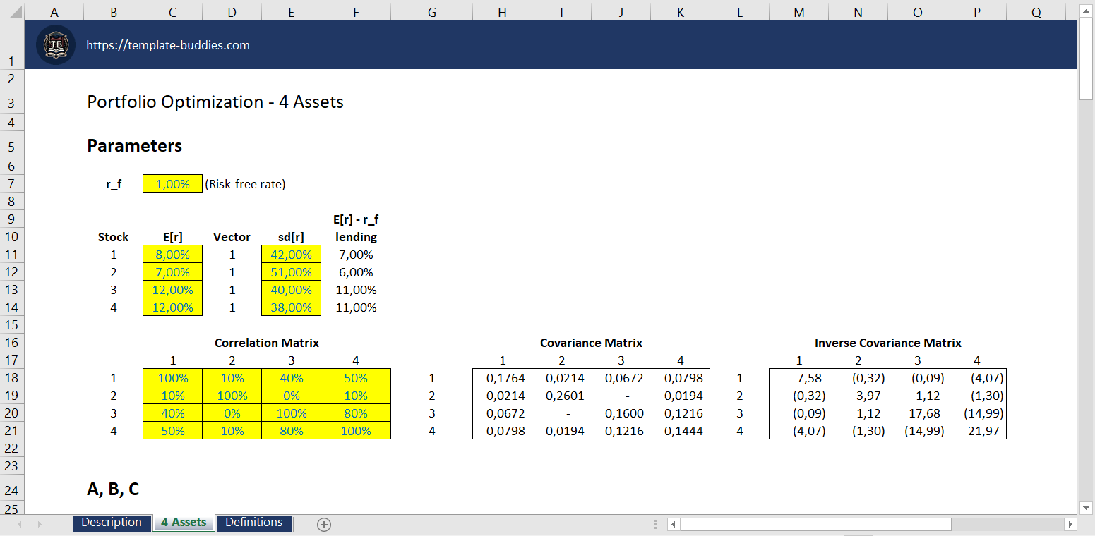 Portfolio Optimization – 4 Assets – Template Buddies