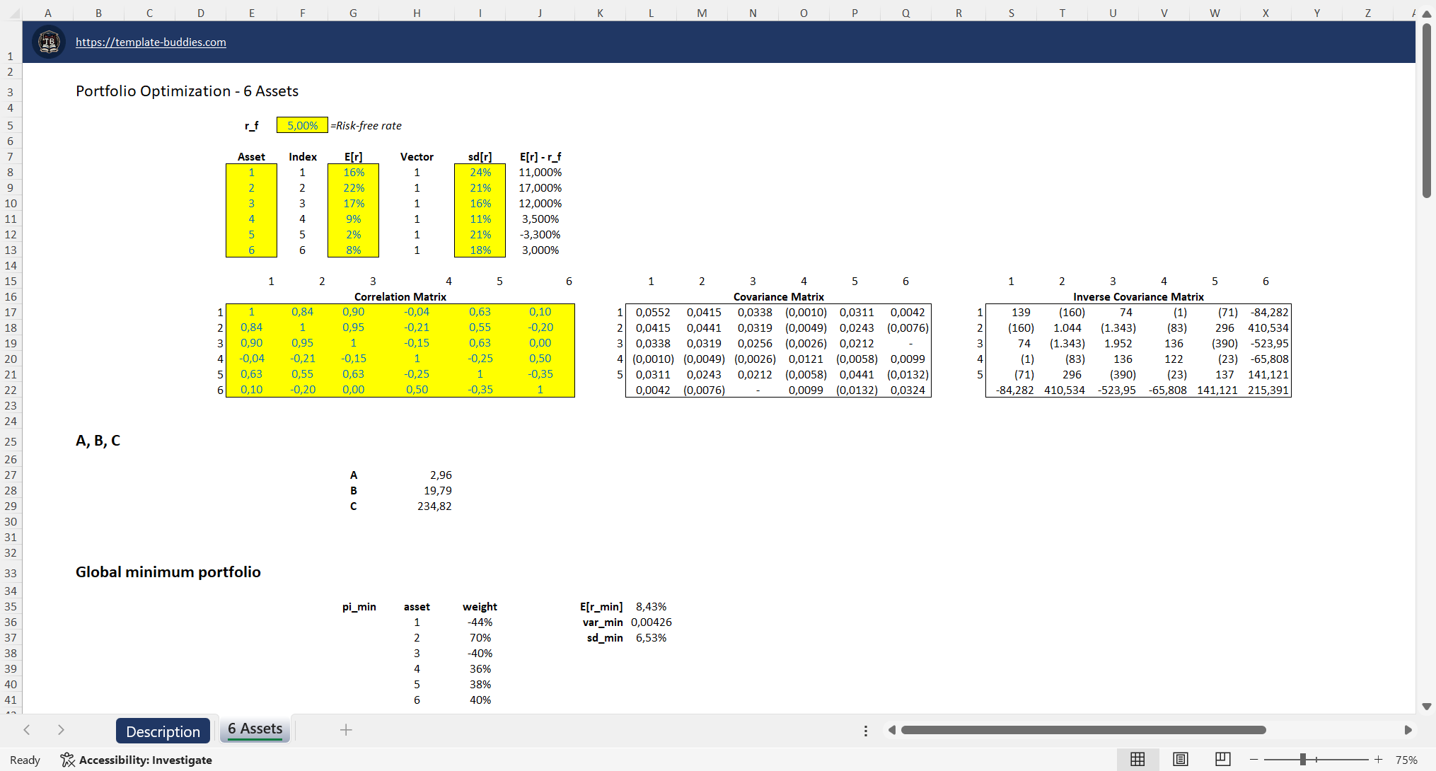 Portfolio Optimization – 6 Assets – Template Buddies