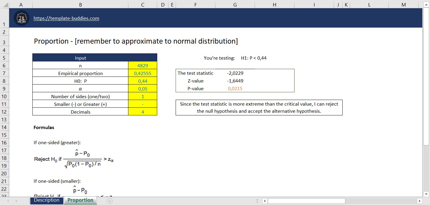 Hypothesis Testing – Proportion – Template Buddies
