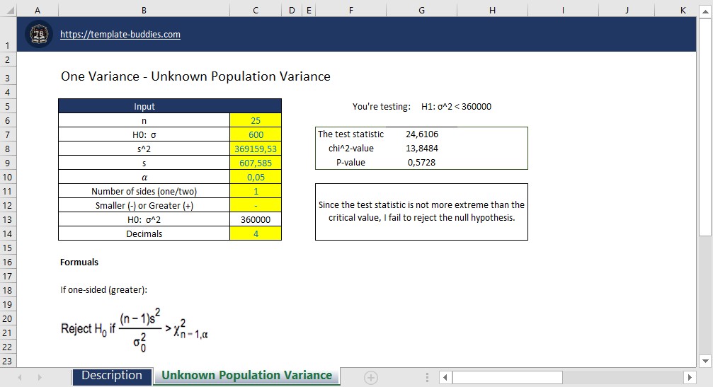 Hypothesis Testing Variance Unknown Population Variance Template
